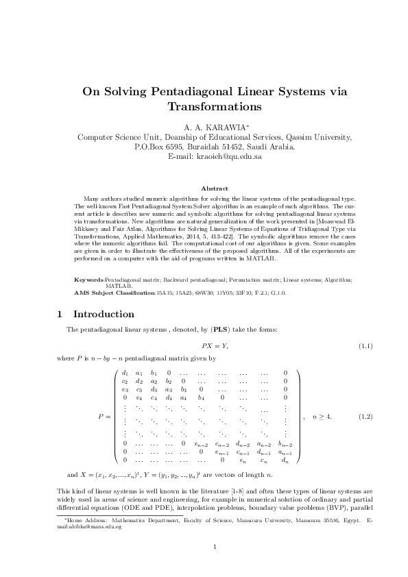 (PDF) On Solving Pentadiagonal Linear Systems via Transformations