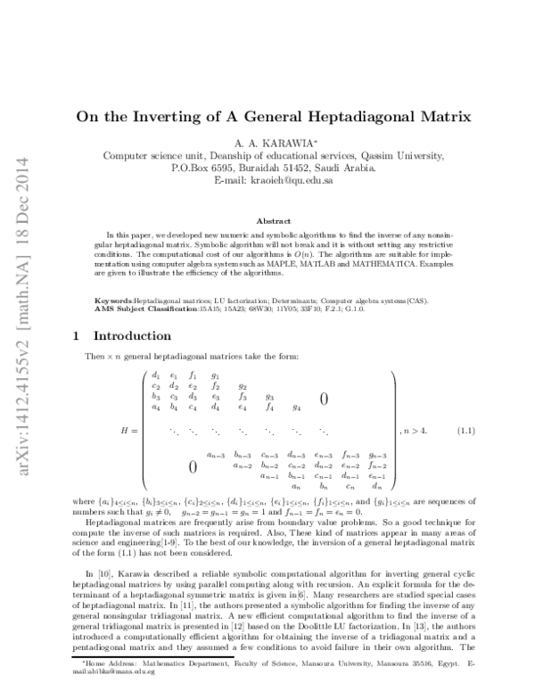 On the Inverting of a General Heptadiagonal Matrix