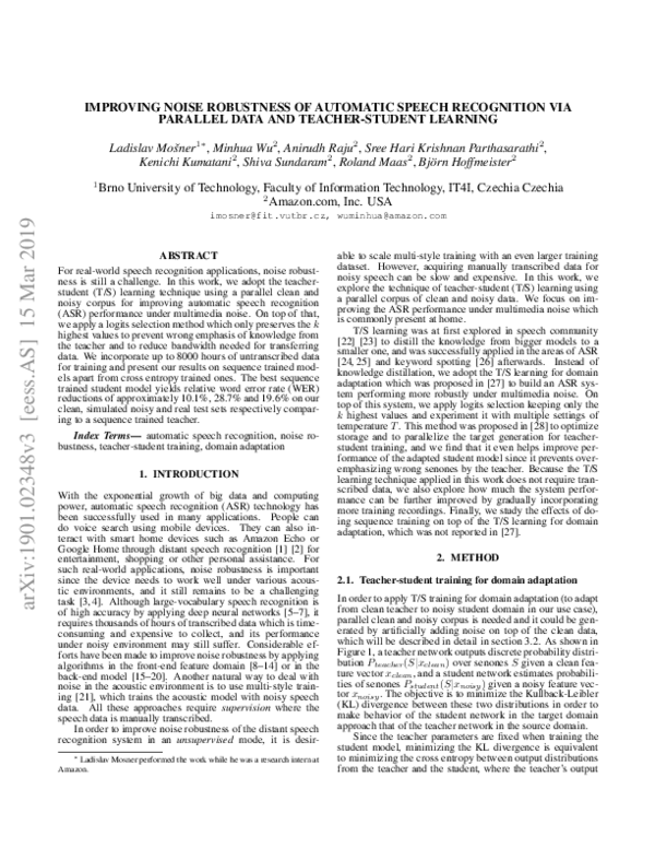 (PDF) Improving Noise Robustness of Automatic Speech Recognition via Parallel Data and Teacher ...