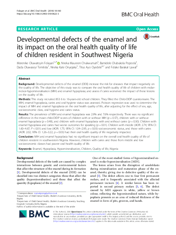 (PDF) Developmental defects of the enamel and its impact on the oral ...