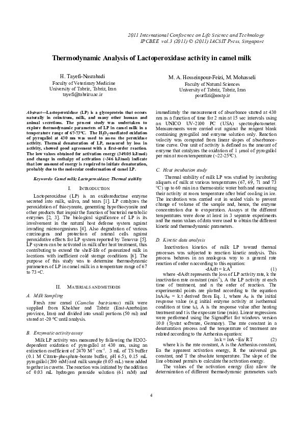(PDF) Thermodynamic Analysis of Lactoperoxidase activity in camel milk