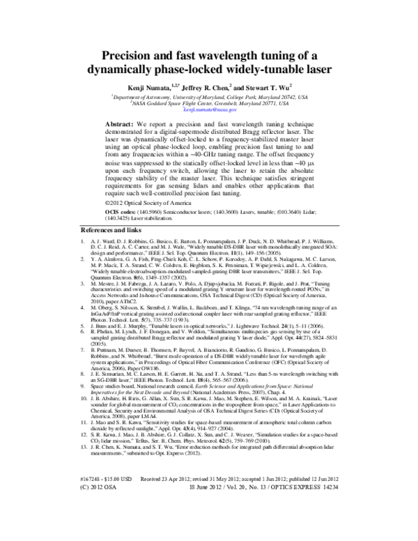 (PDF) Precision and fast wavelength tuning of a dynamically phase-locked widely-tunable laser