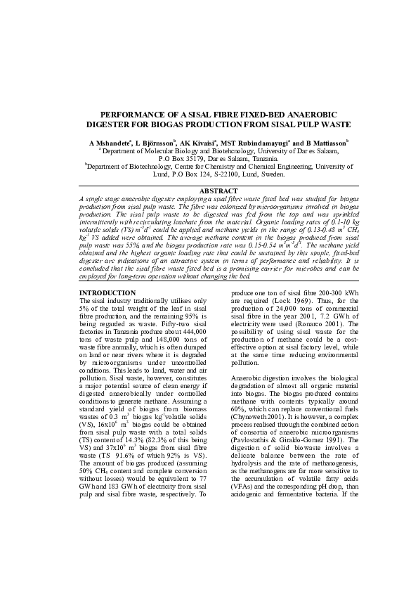 (PDF) Performance of a sisal fibre fixed-bed anaerobic digester for ...