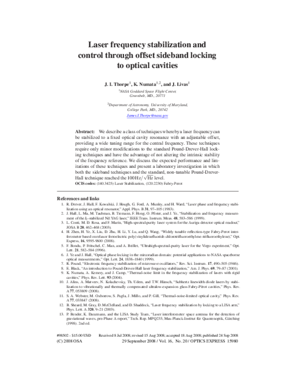 (PDF) Laser frequency stabilization and control through offset sideband locking to optical cavities