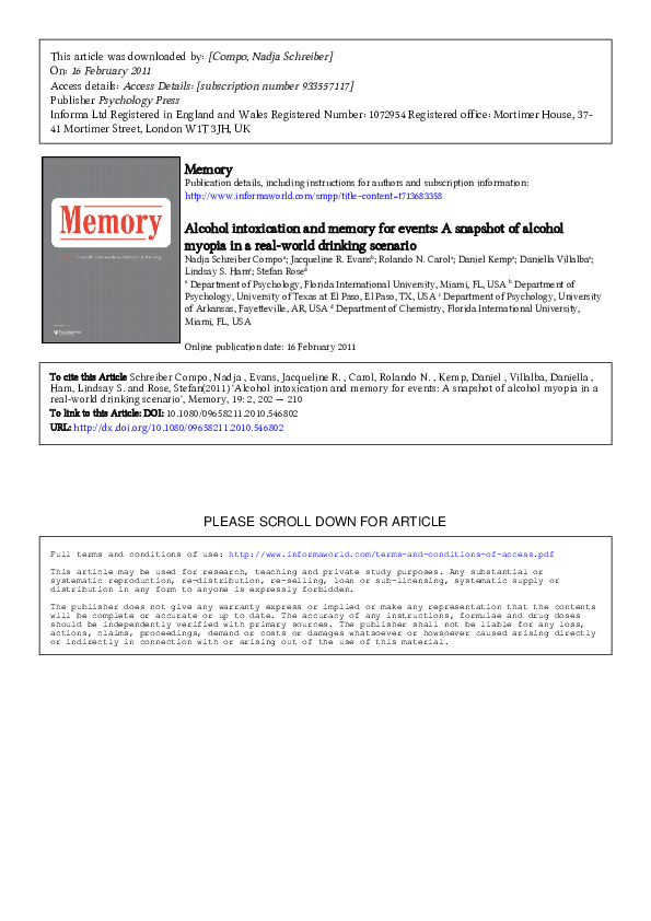 (PDF) Alcohol intoxication and memory for events: A snapshot of alcohol ...