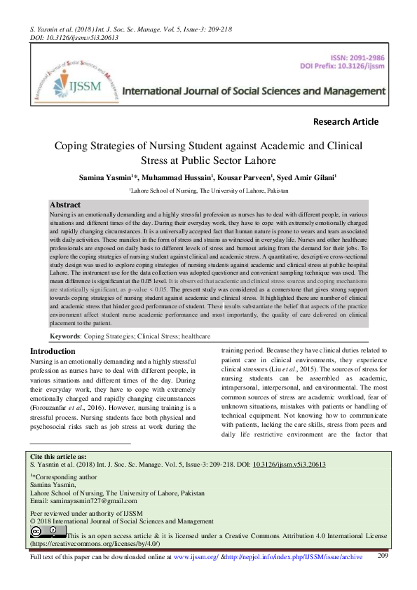 (PDF) Coping Strategies of Nursing Student against Academic and Clinical Stress at Public Sector ...