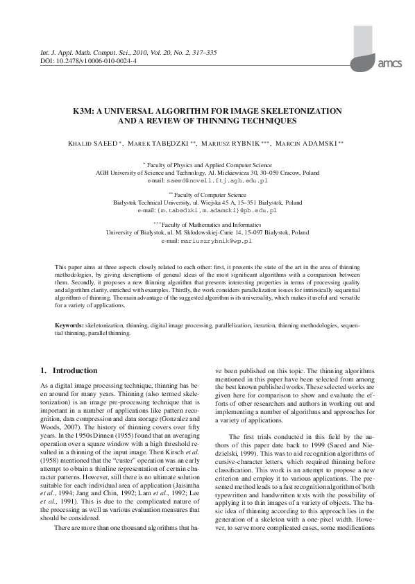 Pdf K3m A Universal Algorithm For Image Skeletonization And A Review