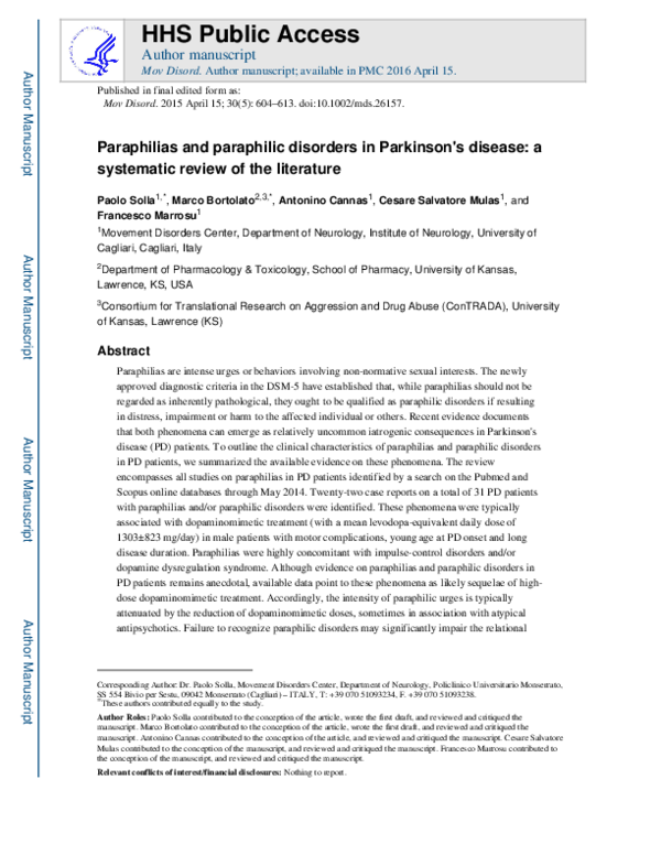 (PDF) Paraphilias and paraphilic disorders in Parkinson's disease: A ...