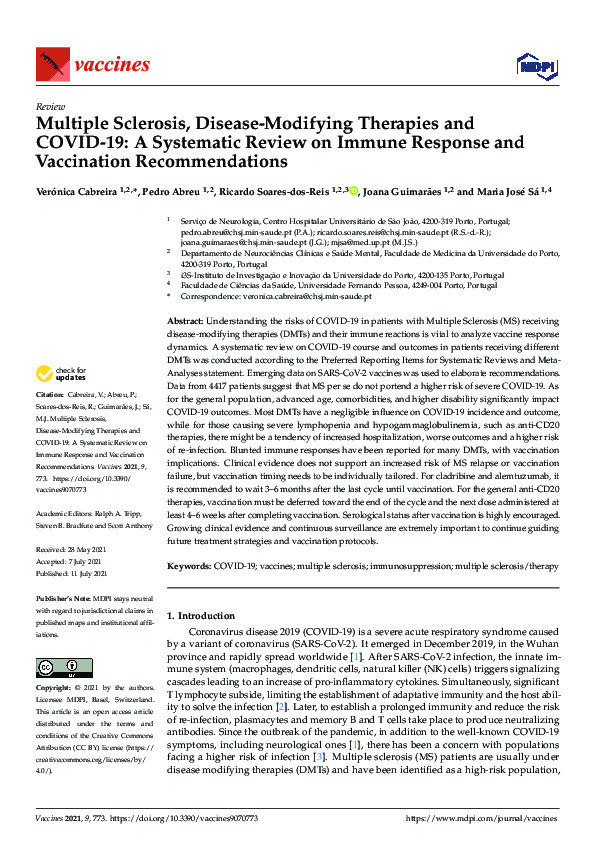 (PDF) Multiple Sclerosis, Disease-Modifying Therapies and COVID-19: A Systematic Review on ...