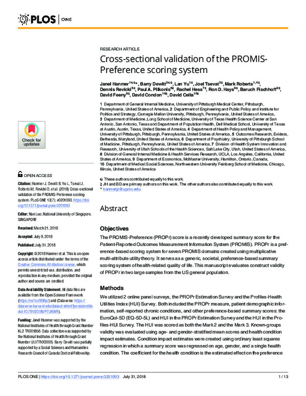(PDF) Cross-sectional validation of the PROMIS-Preference scoring system