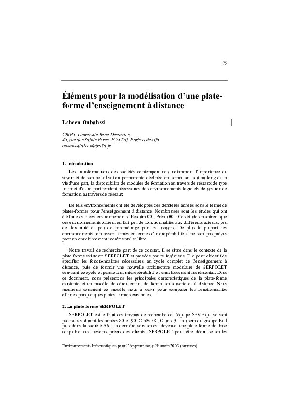 (PDF) Éléments Pour La Modélisation D'Une Plate-Forme D'Enseignement À Distance