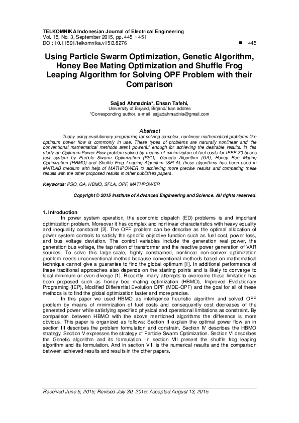 Pdf Using Particle Swarm Optimization Genetic Algorithm Honey Bee Mating Optimization And