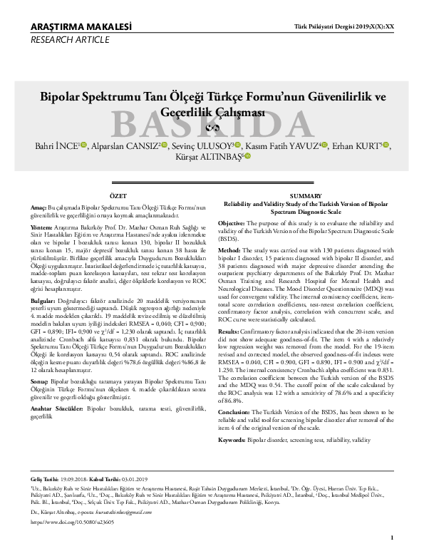 (PDF) Reliability and validity study of the Turkish version of ...