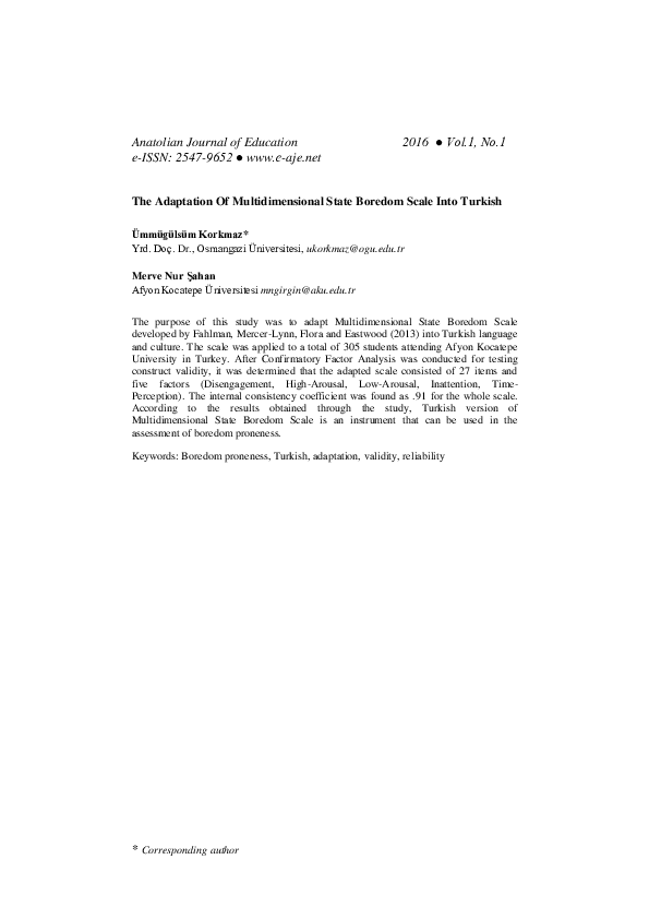 (PDF) The Adaptation Of Multidimensional State Boredom Scale Into Turkish
