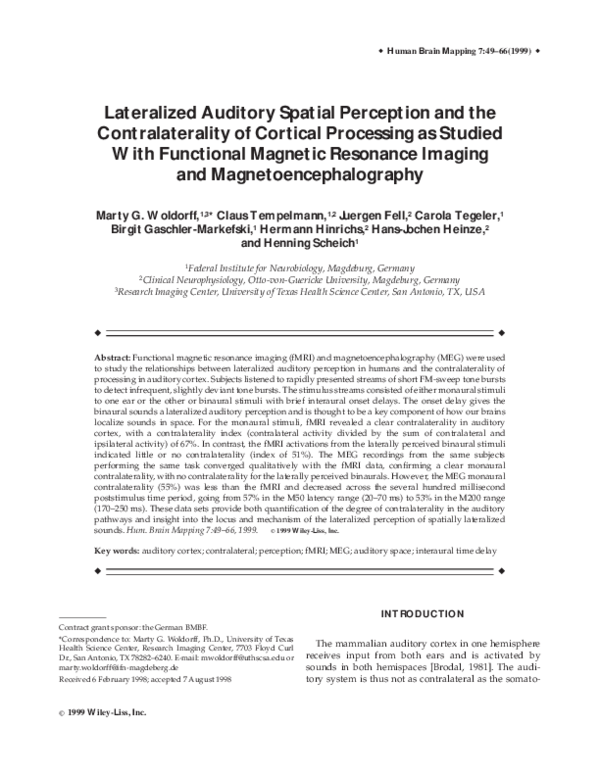 (PDF) Lateralized auditory spatial perception and the contralaterality of cortical processing as ...