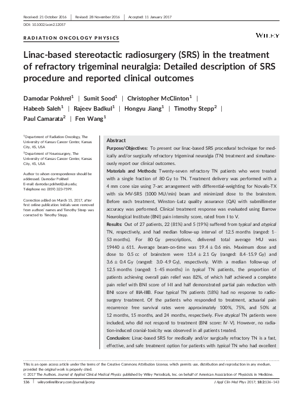 (PDF) Linac-based stereotactic radiosurgery (SRS) in the treatment of ...