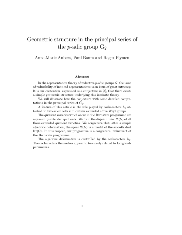(PDF) Geometric structure in the principal series of the $p$-adic group $\textrm{G}_{2}$
