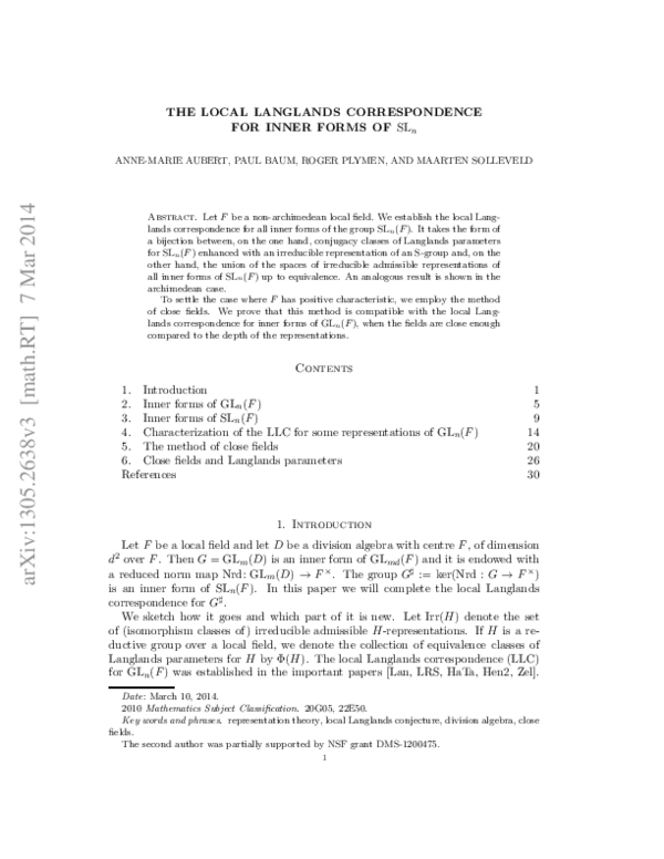 (PDF) The local Langlands correspondence for inner forms of SL $$_{n}$$ n