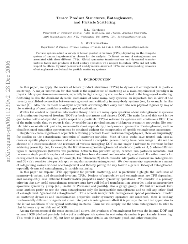 (PDF) Tensor Product Structures, Entanglement, and Particle Scattering