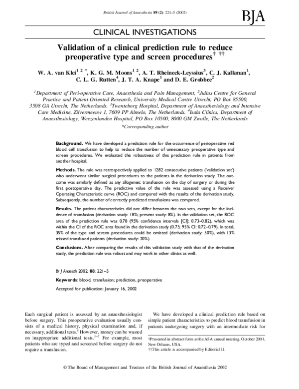 (PDF) Validation of a clinical prediction rule to reduce preoperative type and screen … | Cor ...