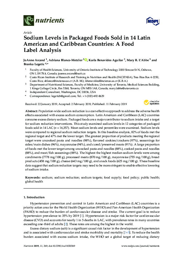 (PDF) Sodium Levels in Packaged Foods Sold in 14 Latin American and ...