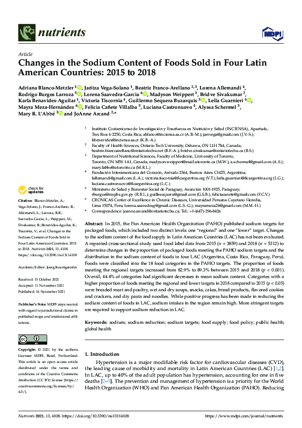 (PDF) Changes in the Sodium Content of Foods Sold in Four Latin ...