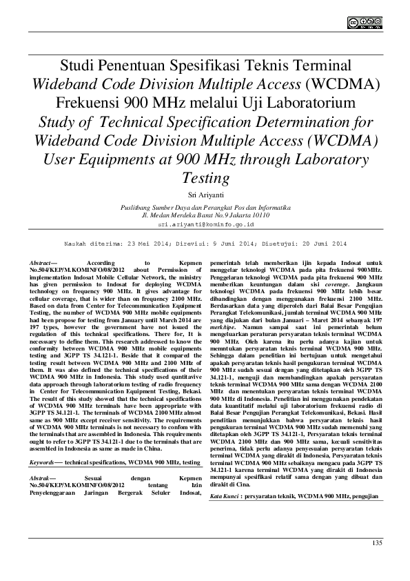 (PDF) Studi Penentuan Spesifikasi Teknis Terminal Wideband Code Division Multiple Access (WCDMA)