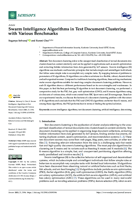 Pdf Swarm Intelligence Algorithms In Text Document Clustering With