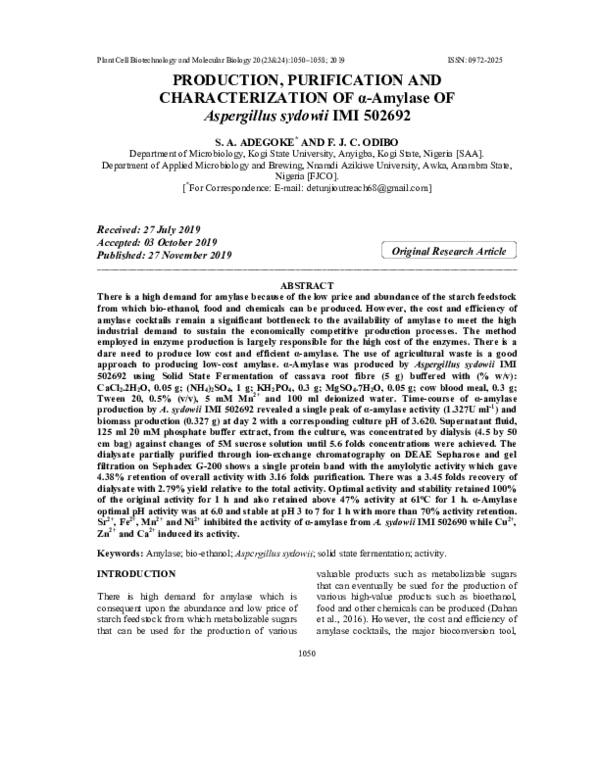 (PDF) PRODUCTION, PURIFICATION AND CHARACTERIZATION OF α-Amylase OF Aspergillus sydowii IMI 502692