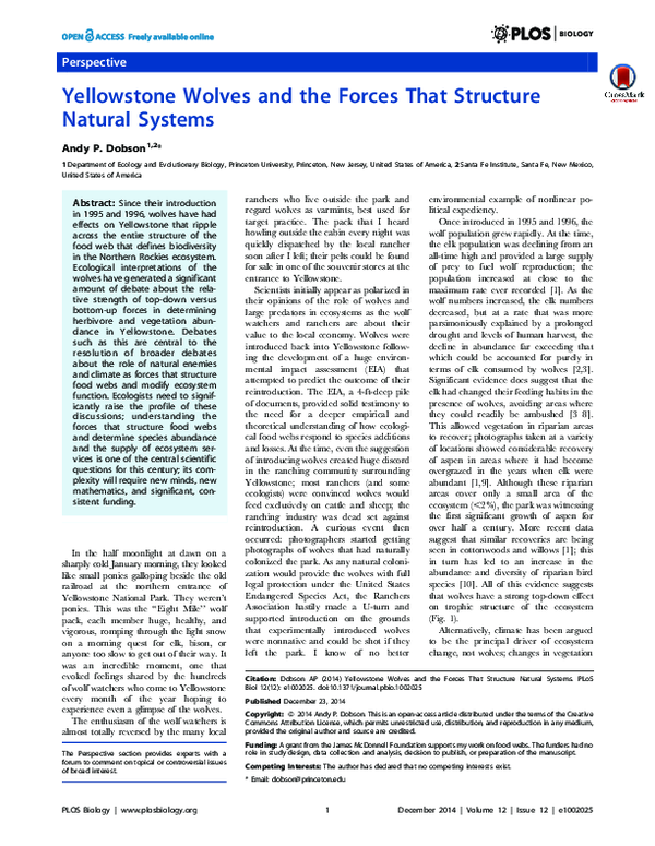 (PDF) Yellowstone Wolves and the Forces That Structure Natural Systems
