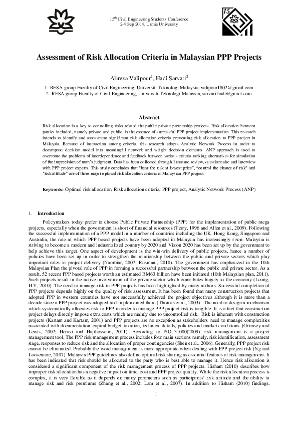 (PDF) Assessment of Risk Allocation Criteria in Malaysian PPP Projects