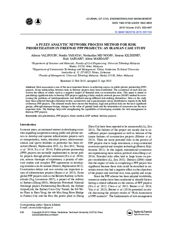 (PDF) A fuzzy analytic network process method for risk prioritization in freeway PPP projects ...