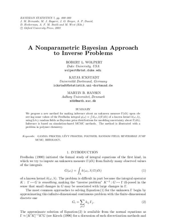 Pdf A Nonparametric Bayesian Approach To Inverse Problems With Discussion