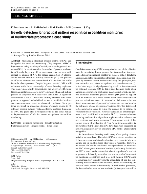 Pdf Novelty Detection For Practical Pattern Recognition In Condition Monitoring Of