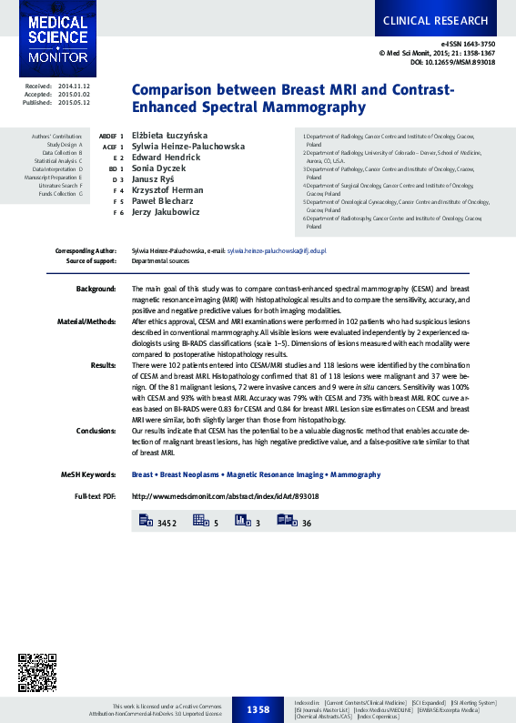 (PDF) Comparison between Breast MRI and Contrast-Enhanced Spectral Mammography | R. Hendrick ...
