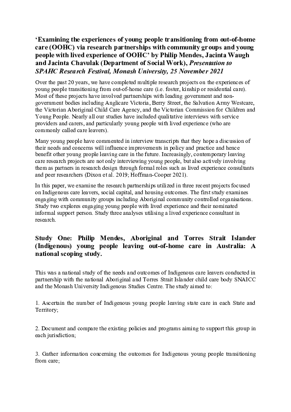 (DOC) 'Examining the experiences of young people transitioning from out ...