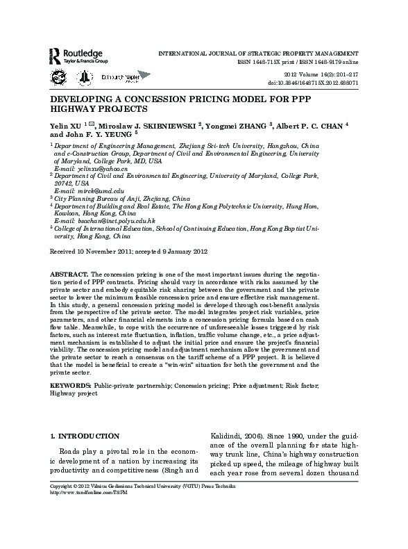 (PDF) Developing a concession pricing model for PPP highway projects