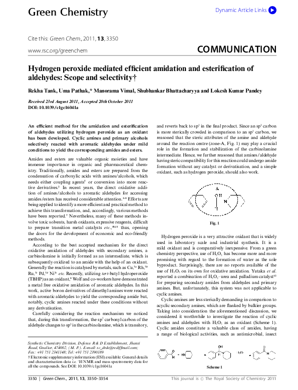 (PDF) Hydrogen peroxide mediated efficient amidation and esterification of aldehydes: Scope and ...