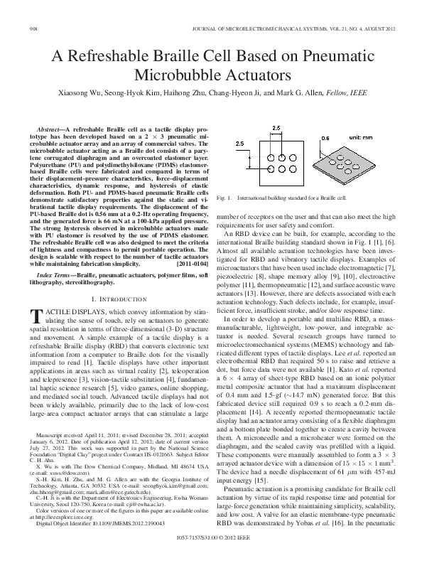 (PDF) A Refreshable Braille Cell Based on Pneumatic Microbubble Actuators