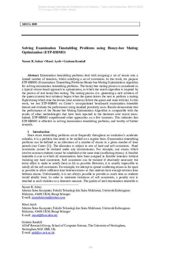 Pdf Solving Examination Timetabling Problems Using Honey Bee Mating Optimization Etp Hbmo 