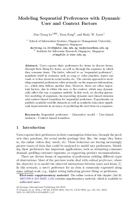 Pdf Modeling Sequential Preferences With Dynamic User And Context Factors