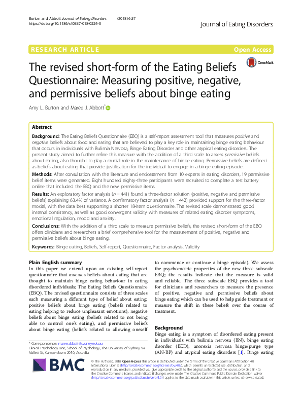 (PDF) The revised short-form of the Eating Beliefs Questionnaire ...