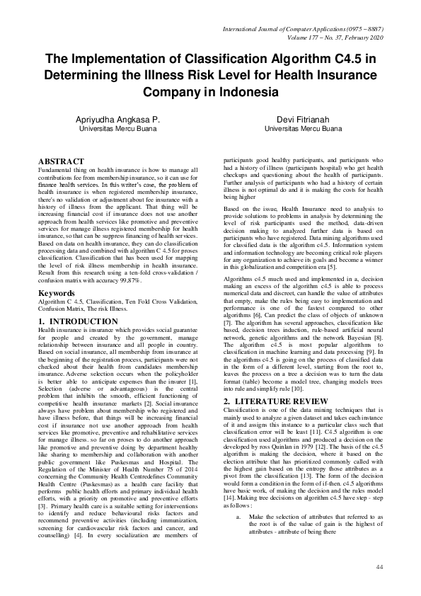 Pdf The Implementation Of Classification Algorithm C4 5 In Determining The Illness Risk Level