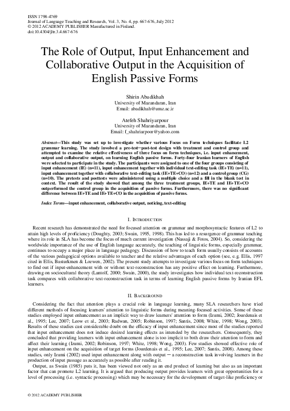 Pdf The Role Of Output Input Enhancement And Collaborative Output In