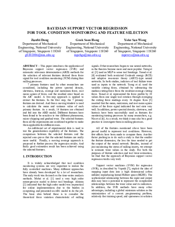 (PDF) Bayesian support vector regression for tool condition monitoring and feature selection