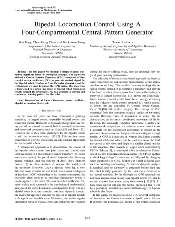 (PDF) Bipedal locomotion control using a four-compartmental central pattern generator