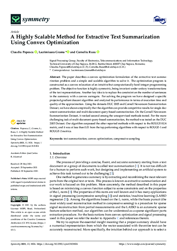 Pdf A Highly Scalable Method For Extractive Text Summarization Using Convex Optimization