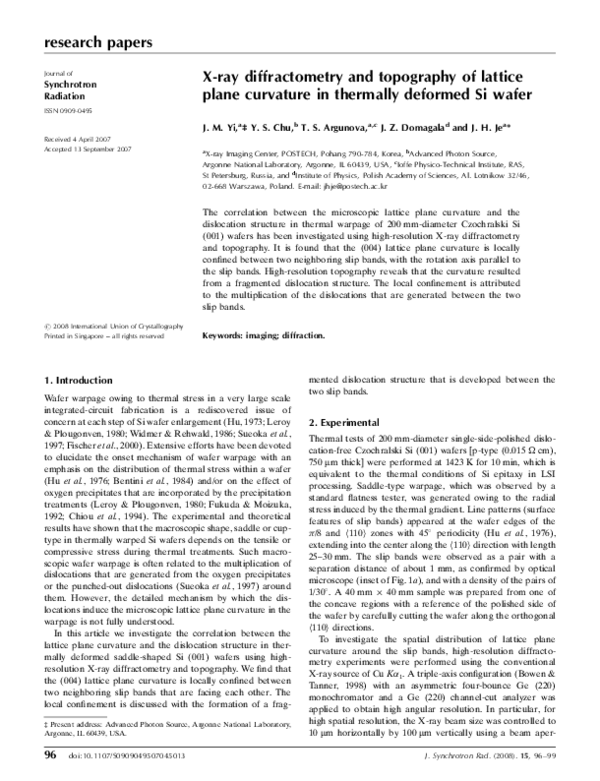 (PDF) X-ray diffractometry and topography of lattice plane curvature in thermally deformed Si wafer