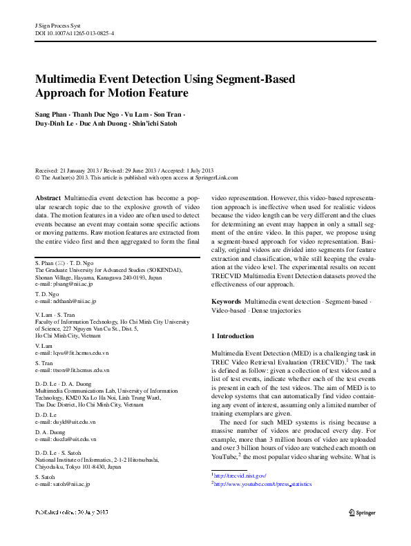 Pdf Multimedia Event Detection Using Segment Based Approach For Motion Feature