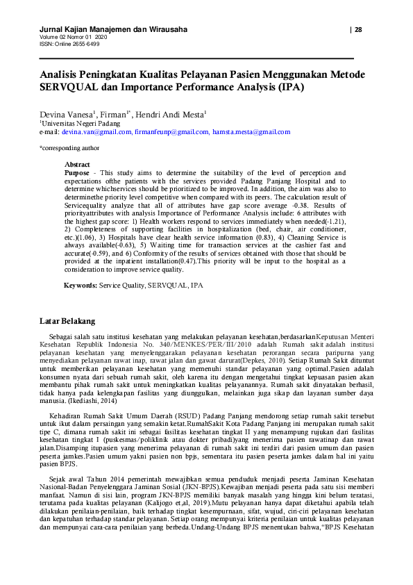 (PDF) Analisis Peningkatan Kualitas Pelayanan Pasien Menggunakan Metode SERVQUAL dan Importance ...